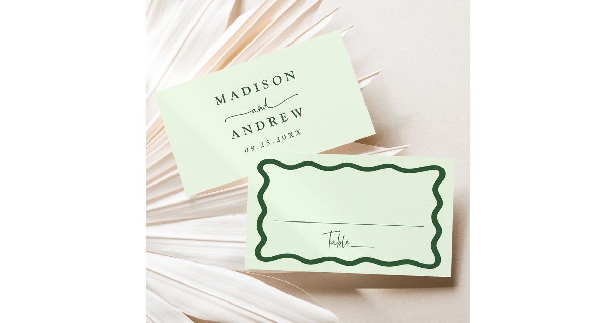 Modern Green Wavy Frame Wedding Place Card | Zazzle