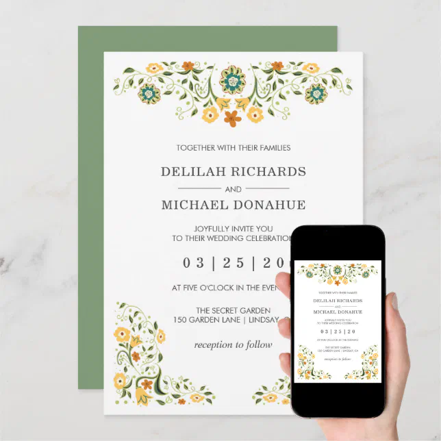 Modern Green Yellow Floral Wedding Invitation | Zazzle