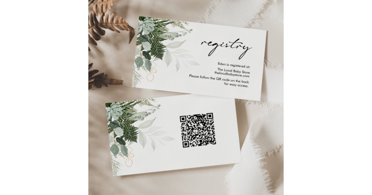 Modern Greenery and Gold Baby Registry QR Code Enclosure Card | Zazzle