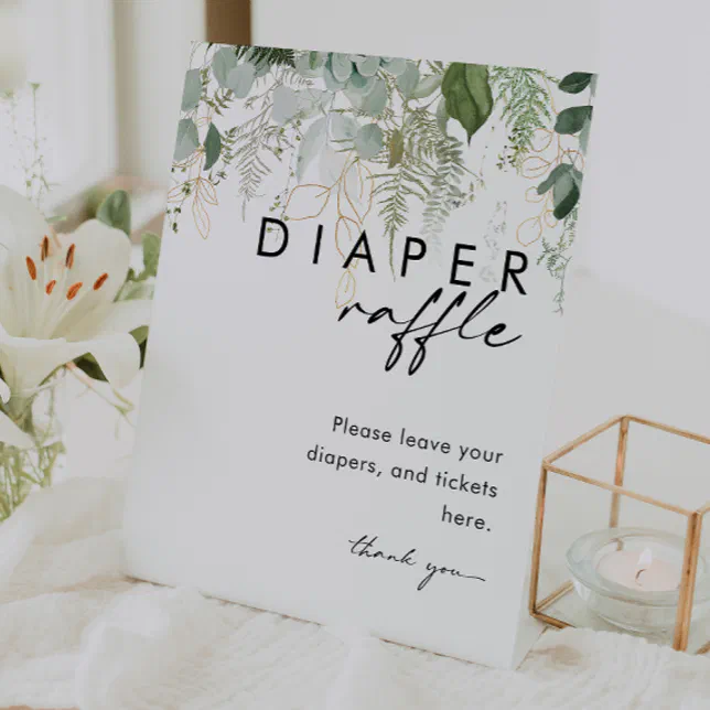 Modern Greenery and Gold Diaper Raffle Baby Shower Pedestal Sign | Zazzle