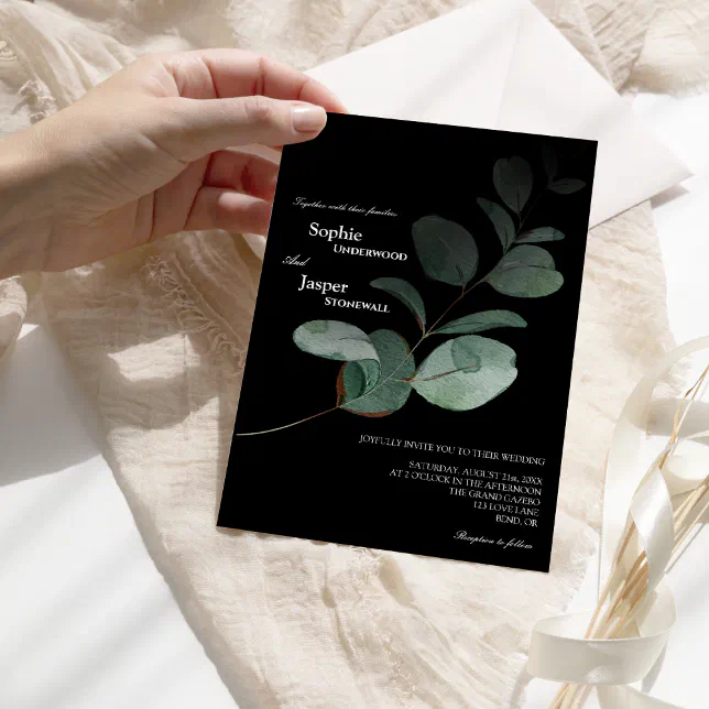 Modern Greenery Black Wedding Invitation | Zazzle