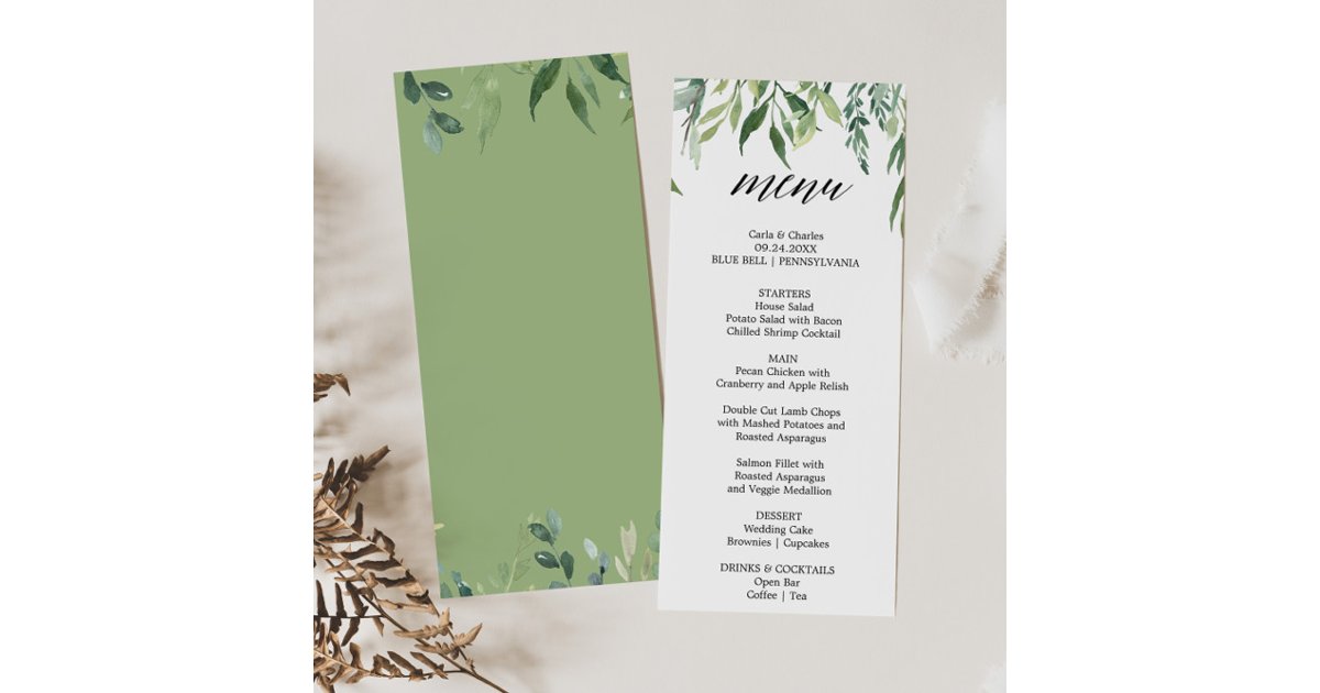 Modern Greenery Botanical Foliage Dinner Menu Card | Zazzle