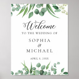 Modern Greenery Eucalyptus Leaves Wedding Welcome Poster | Zazzle