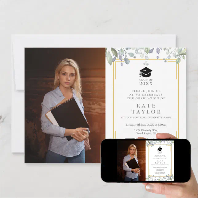Modern Greenery Floral Graduation Party Photo Invitation | Zazzle