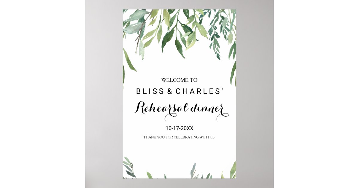 Modern Greenery Foliage Rehearsal dinner Welcome Poster | Zazzle