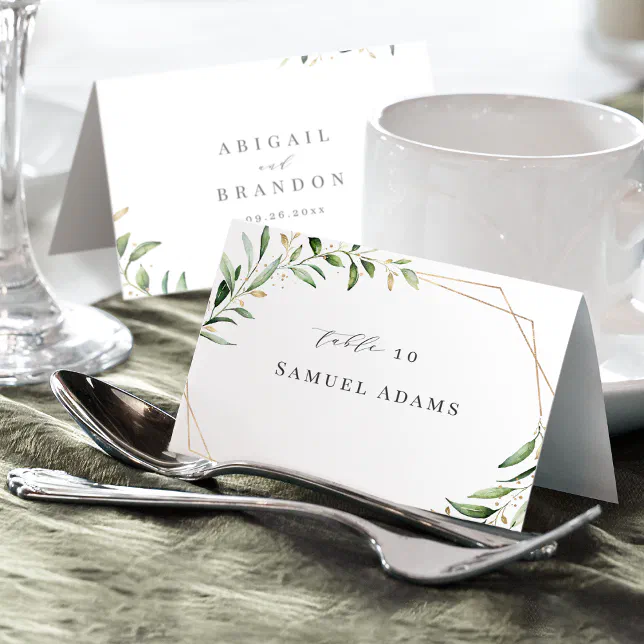 Modern Greenery Gold Geometric Foldable Place Card | Zazzle