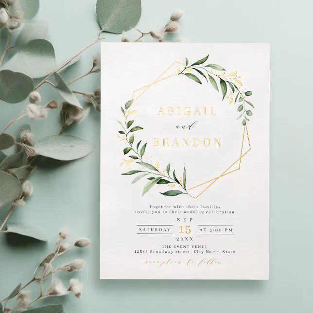 Modern Greenery Gold Geometric Rustic Wedding Foil Invitation | Zazzle