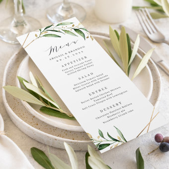 Modern Greenery Gold Geometric Rustic Wedding Menu | Zazzle