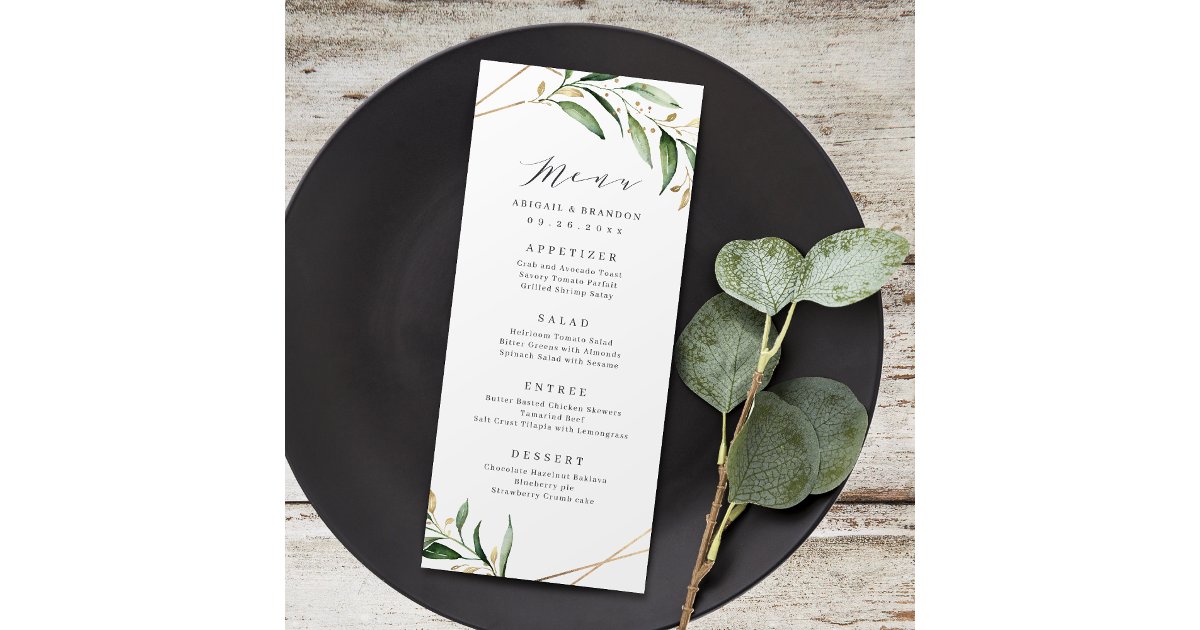 Modern Greenery Gold Geometric Rustic Wedding Menu | Zazzle