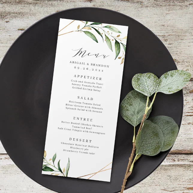 Modern Greenery Gold Geometric Rustic Wedding Menu | Zazzle