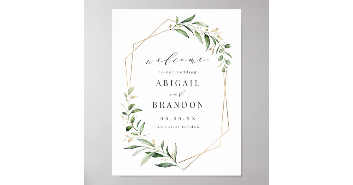 Modern Greenery Gold Geometric Rustic Wedding Sign | Zazzle