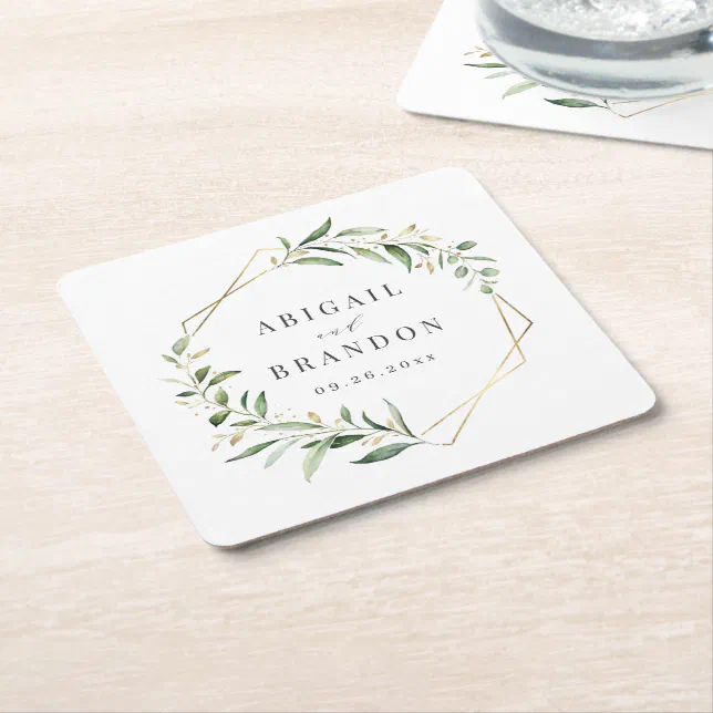 Modern Greenery Gold Geometric Rustic Wedding Square Paper Coaster | Zazzle