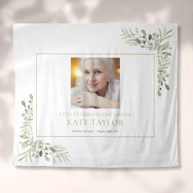 Modern Greenery Photo Funeral Memorial Service Tapestry | Zazzle