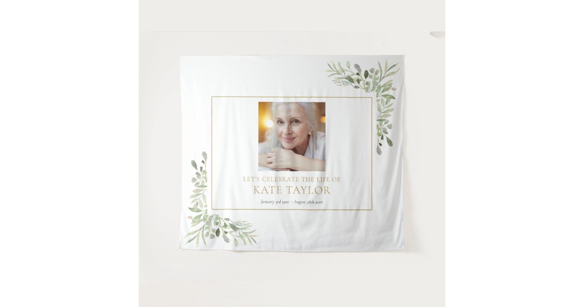 Modern Greenery Photo Funeral Memorial Service Tapestry | Zazzle