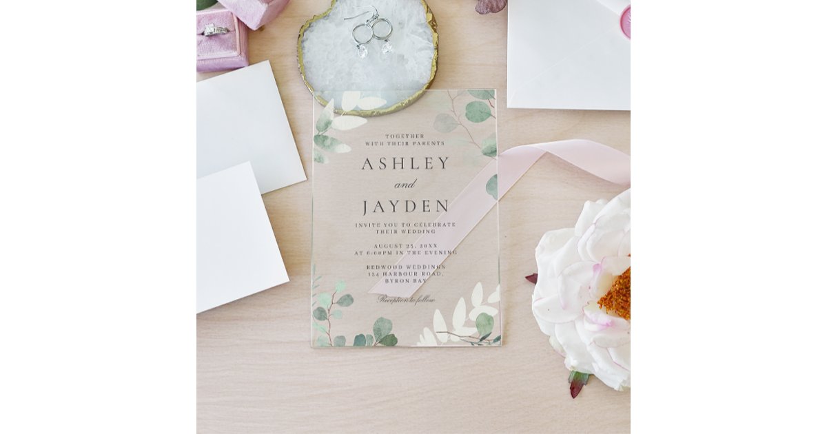 Modern Greenery Spring Wedding Acrylic Invitations | Zazzle