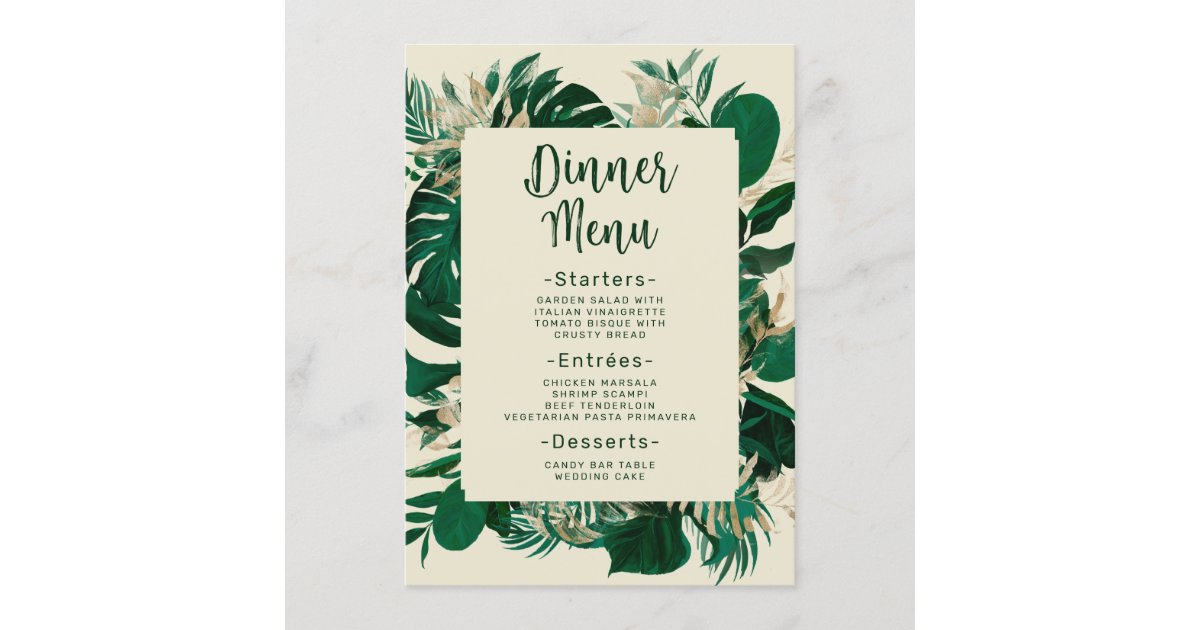 Modern Greenery Tropical Leaves Wedding Dinner Menu | Zazzle