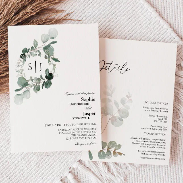 Modern Greenery White Monogram All In One Wedding Invitation | Zazzle