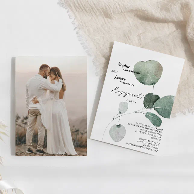Modern Greenery White Photo Engagement Party Invitation | Zazzle