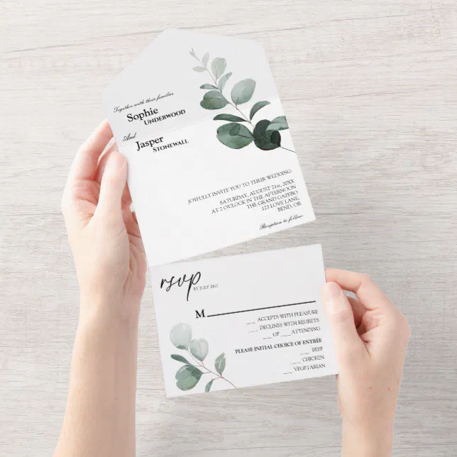 Modern Greenery White Wedding All In One Invitation | Zazzle