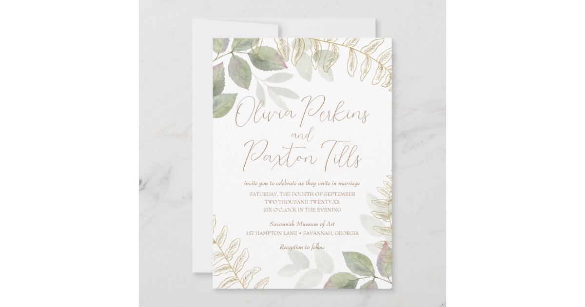 Modern Greenery with Gold Wedding Invitation | Zazzle