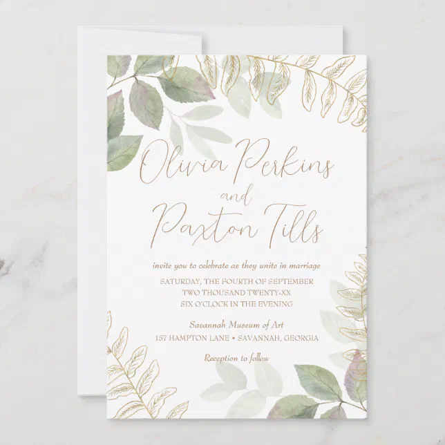 Modern Greenery with Gold Wedding Invitation | Zazzle