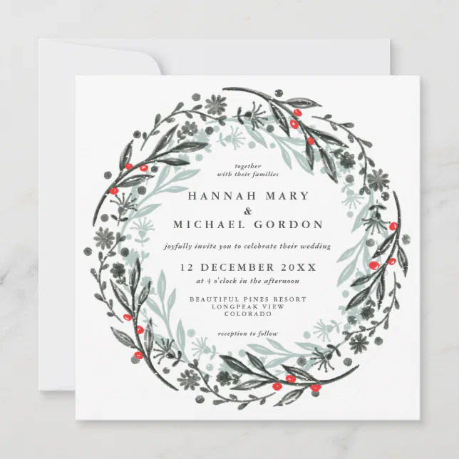 Modern greenery wreath holiday invitation | Zazzle