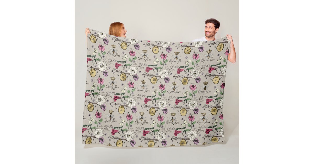 Modern Greige Queen Bee Royal Crown Floral Pattern Fleece Blanket | Zazzle