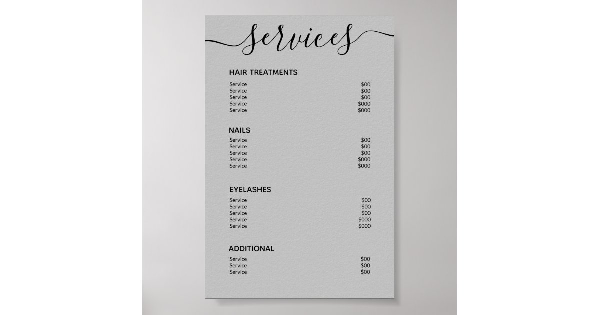 Modern Grey Black Salon Price List Service Menu Poster | Zazzle