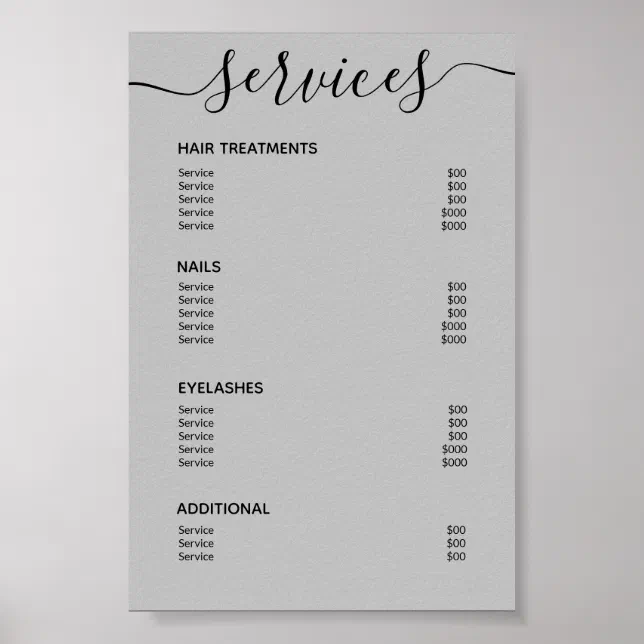 Modern Grey Black Salon Price List Service Menu Poster | Zazzle