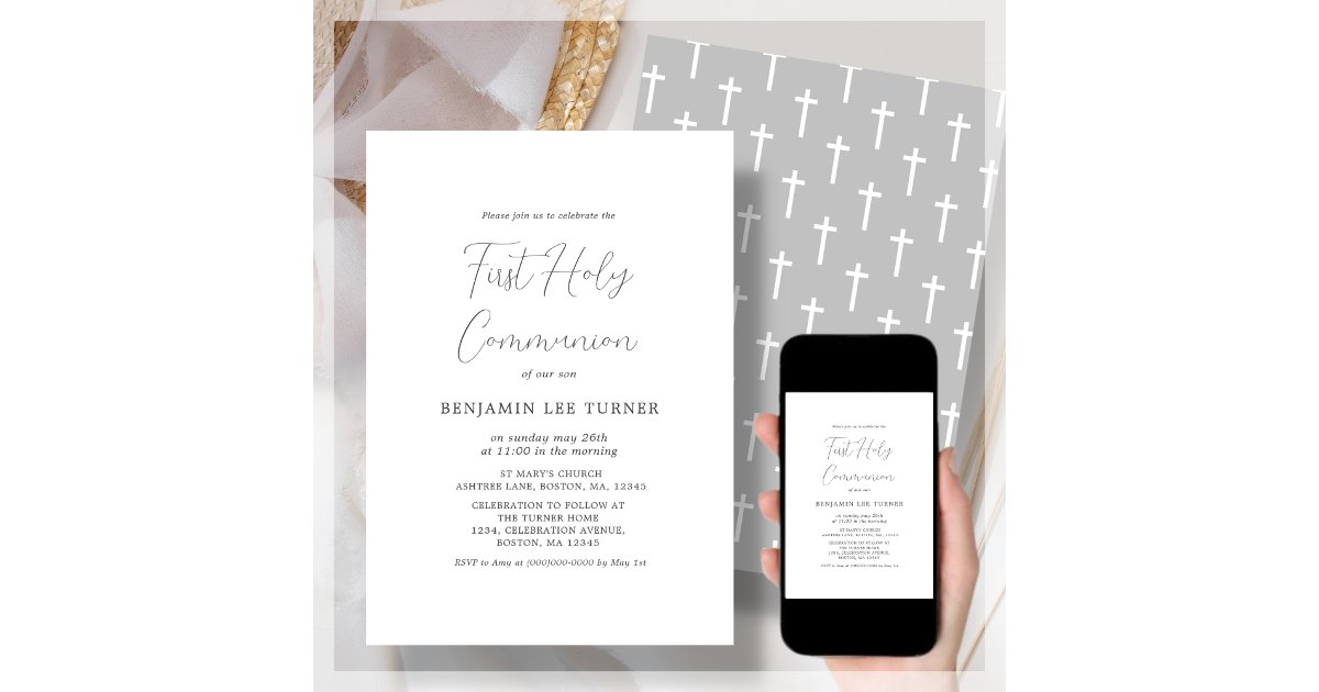 Modern Grey Cross | First Communion Invitation | Zazzle