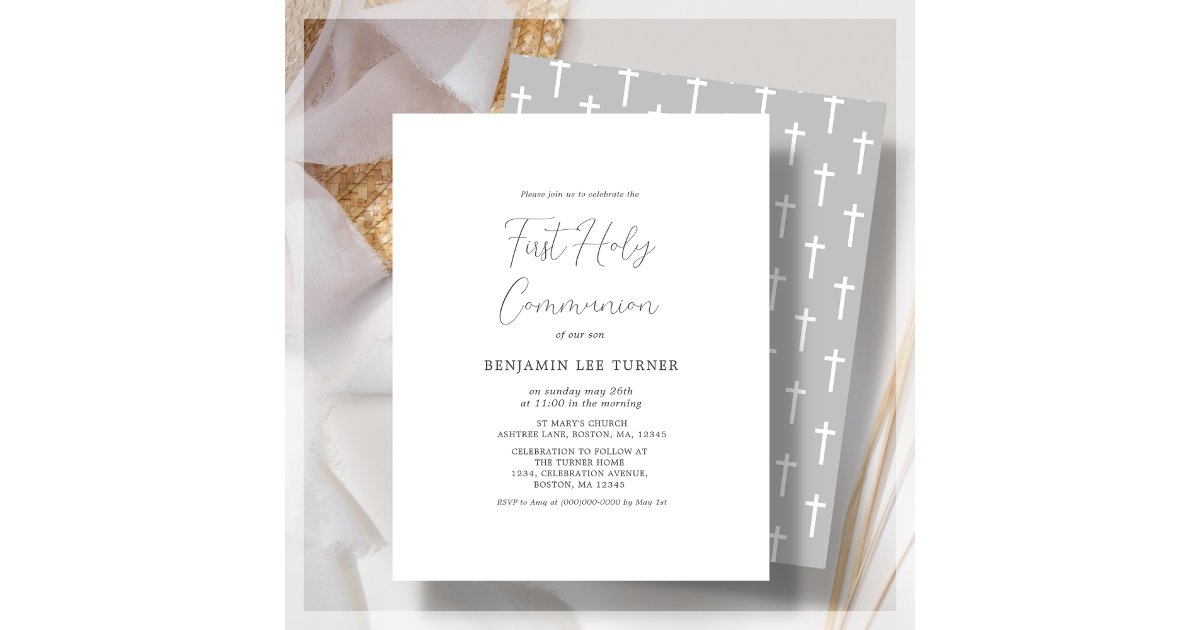 Modern Grey | First Communion Budget Invitation | Zazzle