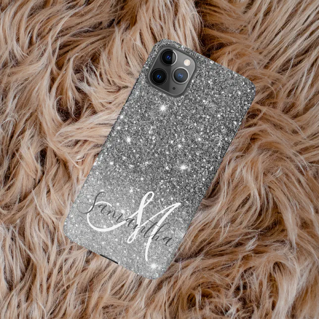 Modern Grey Glitter Sparkles Personalized Name iPhone Case | Zazzle