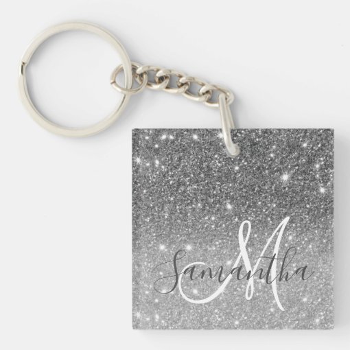 Modern Grey Glitter Sparkles Personalized Name Keychain | Zazzle