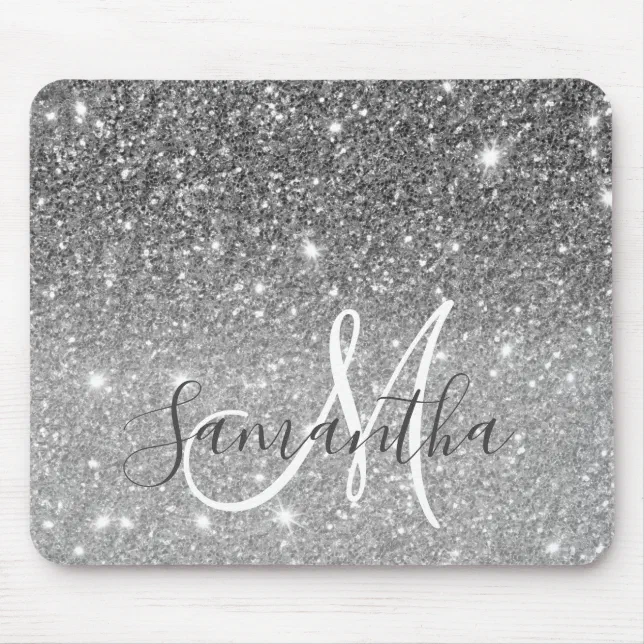 Modern Grey Glitter Sparkles Personalized Name Mouse Pad | Zazzle