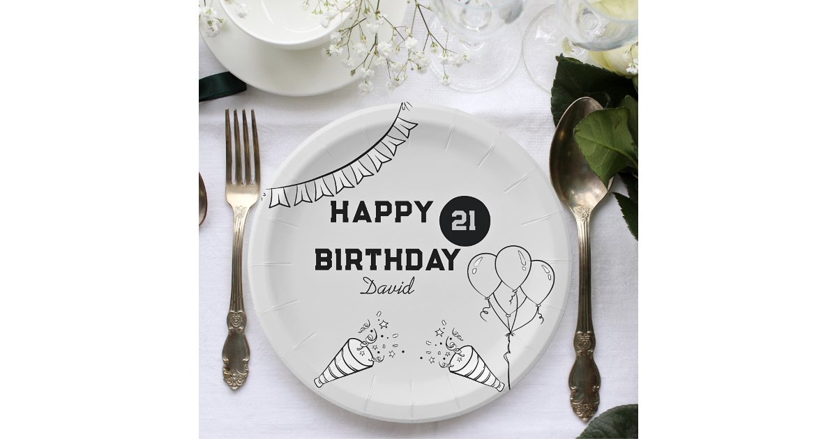 Modern Grey Happy Birthday Any year Custom Paper Plates | Zazzle