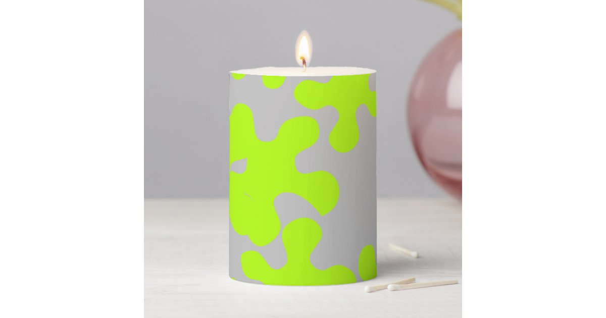 Modern grey neon green slime pattern funny party pillar candle | Zazzle