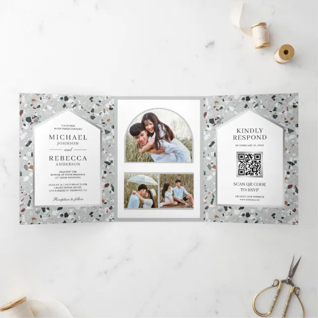 Modern Grey Terrazzo Tile Photo QR Code Wedding Tri-Fold Invitation ...
