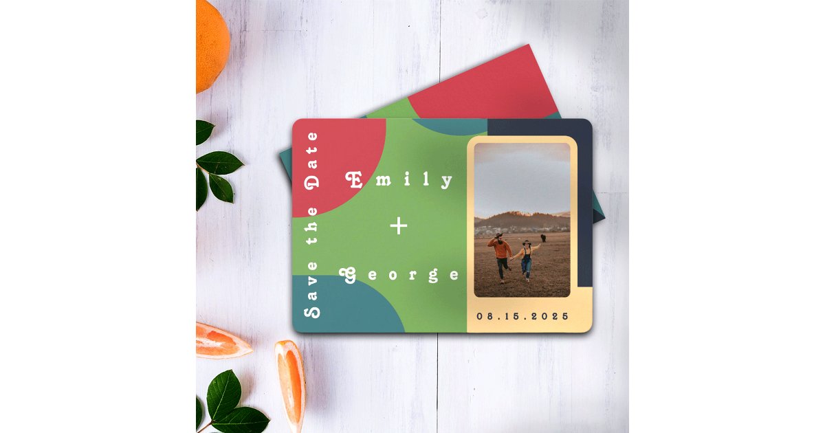 Modern Groovy Colorful Retro Photo Wedding Save The Date | Zazzle