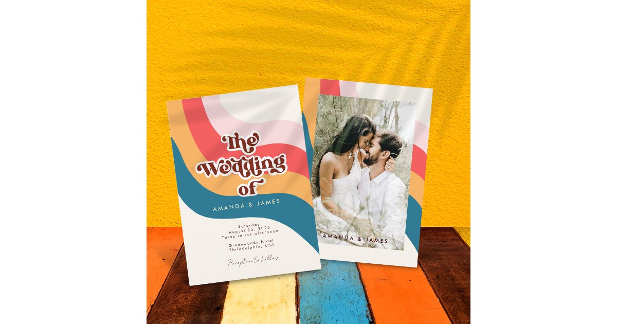 Modern Groovy Retro 70s Wavy Lines Photo Wedding Invitation | Zazzle