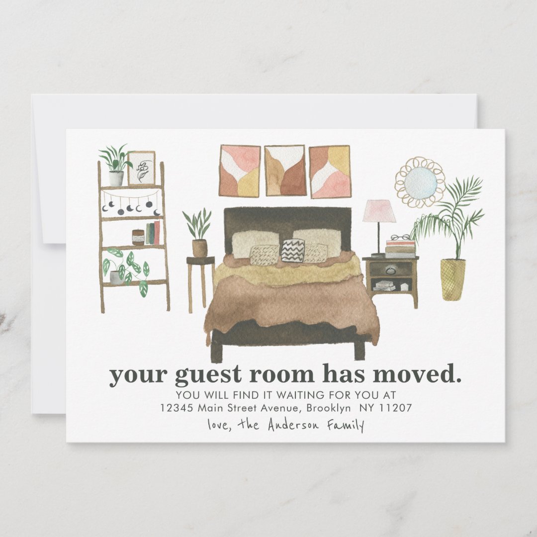 Modern Guest Room Moved Boho Chic Bedroom Moving Announcement | Zazzle