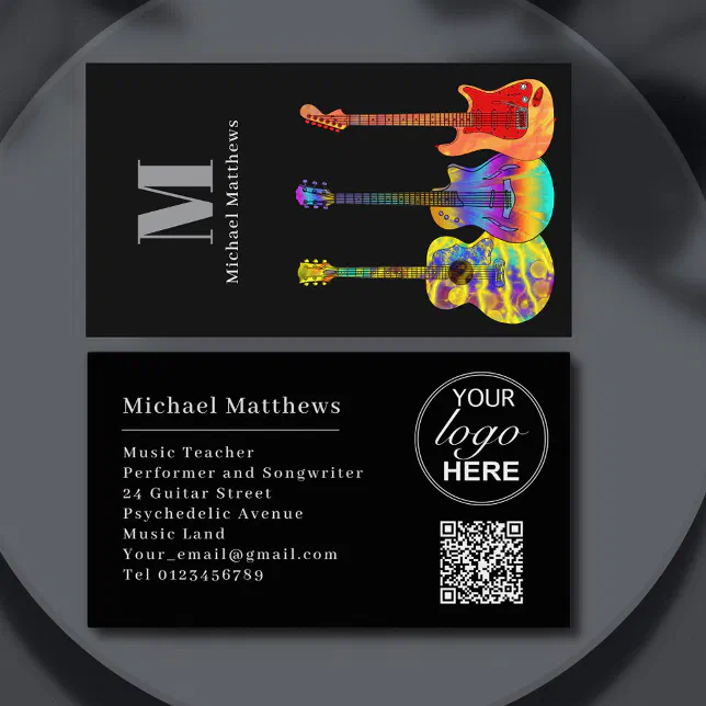 Modern Guitar Teacher Custom QR Code and Logo Business Card | Zazzle