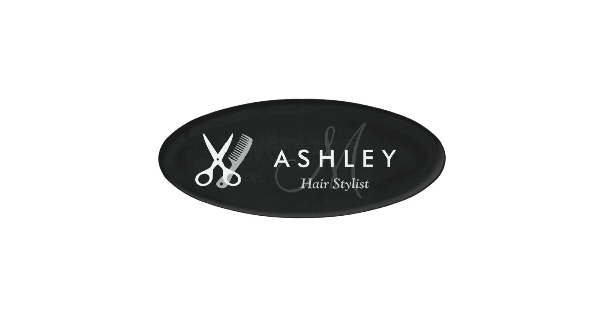Modern Hair Stylist Black White Scissors Monogram Name Tag | Zazzle