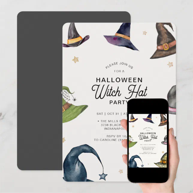 Modern Halloween Gray Witch Hat Party Invitation | Zazzle