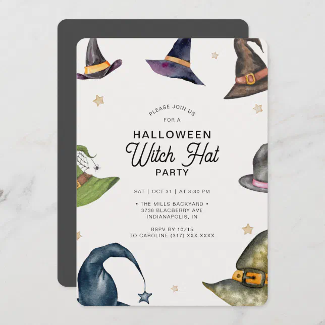 Modern Halloween Gray Witch Hat Party Invitation | Zazzle