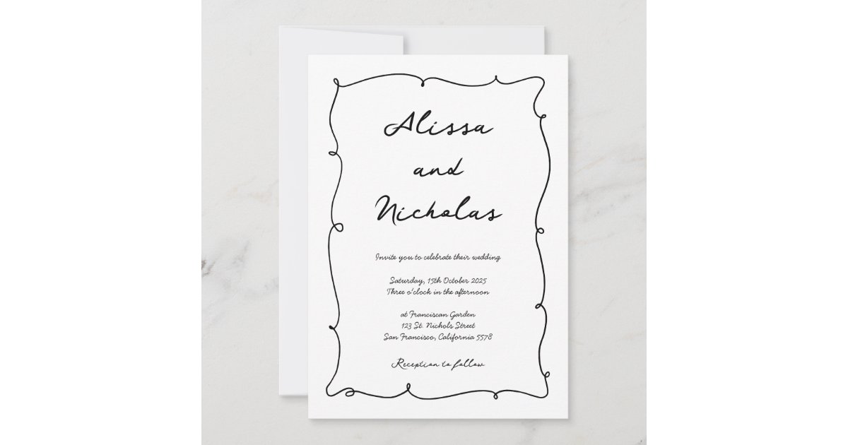 Modern Hand Drawn Border & Script Monogram Wedding Invitation | Zazzle