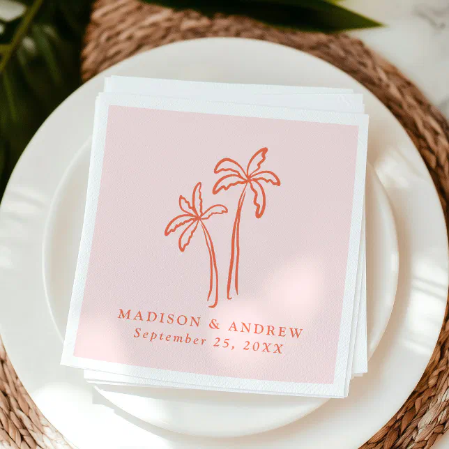 Modern Hand-Drawn Palm Trees Pink Wedding Napkins | Zazzle