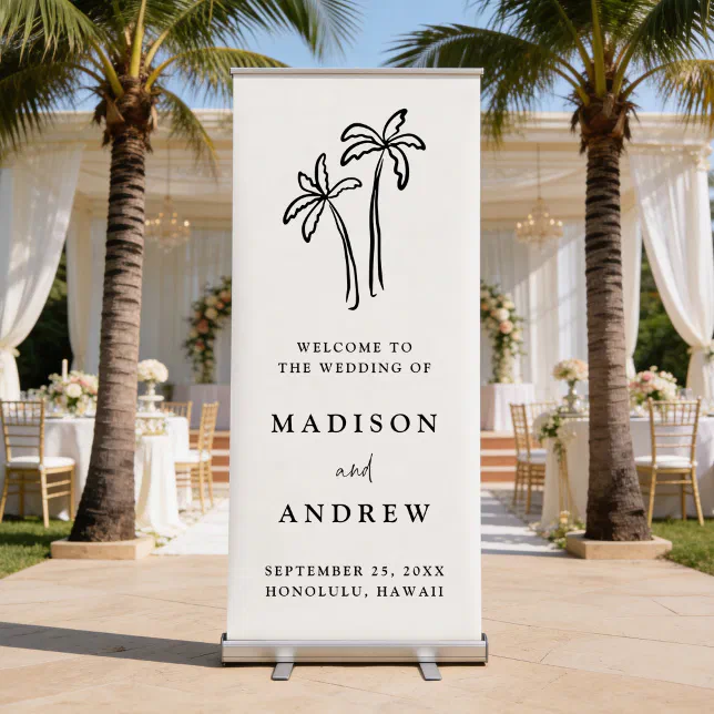 Modern Hand-Drawn Palm Trees Wedding Welcome Retractable Banner | Zazzle