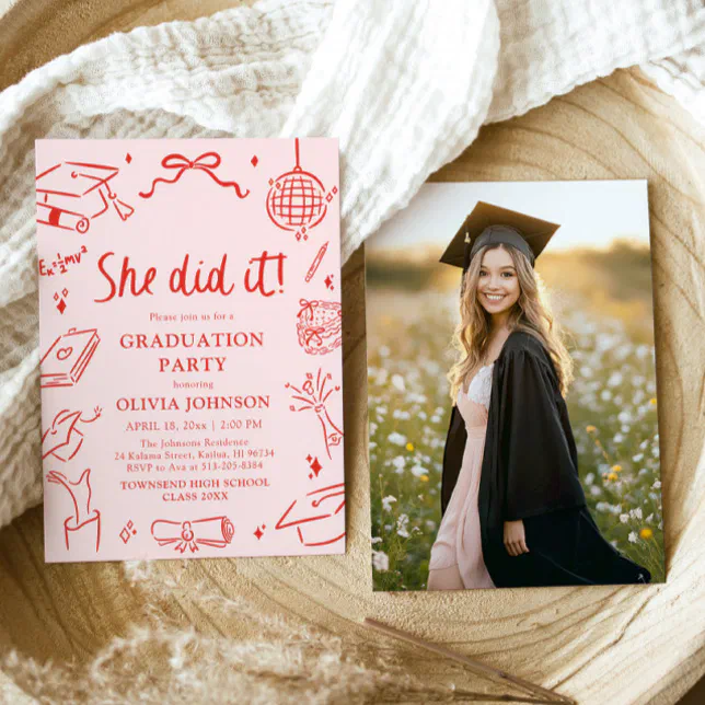 Modern Hand Drawn She did it Graduation Party Invitation | Zazzle