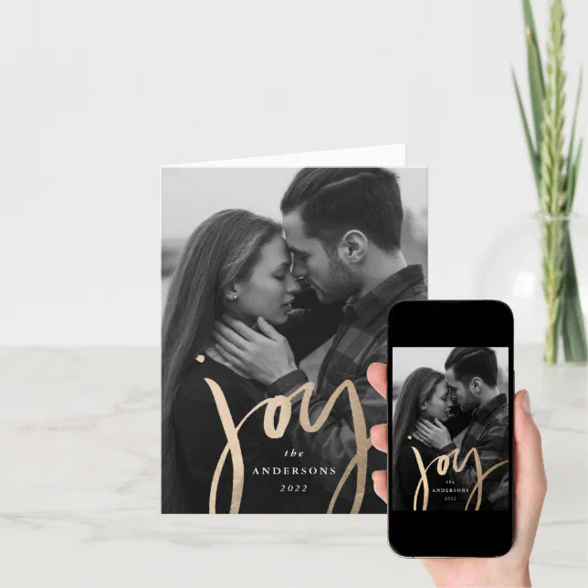 Modern Hand-Lettered Joy Faux Gold Foil Photo Holiday Card | Zazzle
