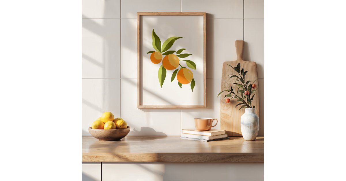 Modern Hand-Painted Gouache Orange Branch Art Poster | Zazzle